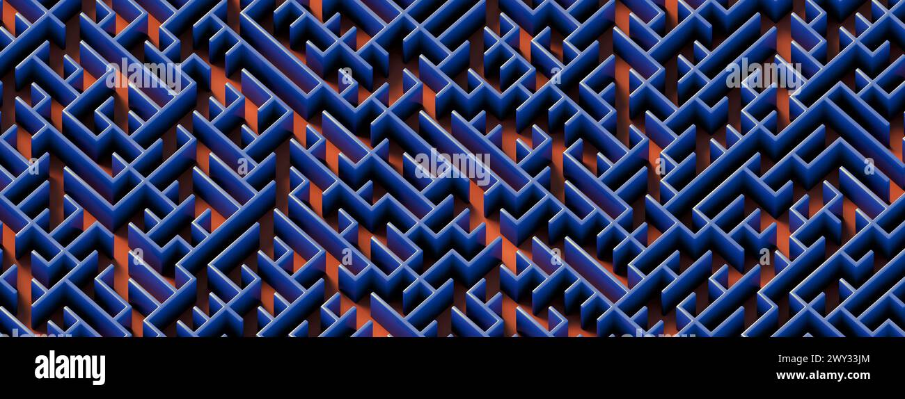 Abstract blue plastic maze labyrinth background with red floor, banner ...