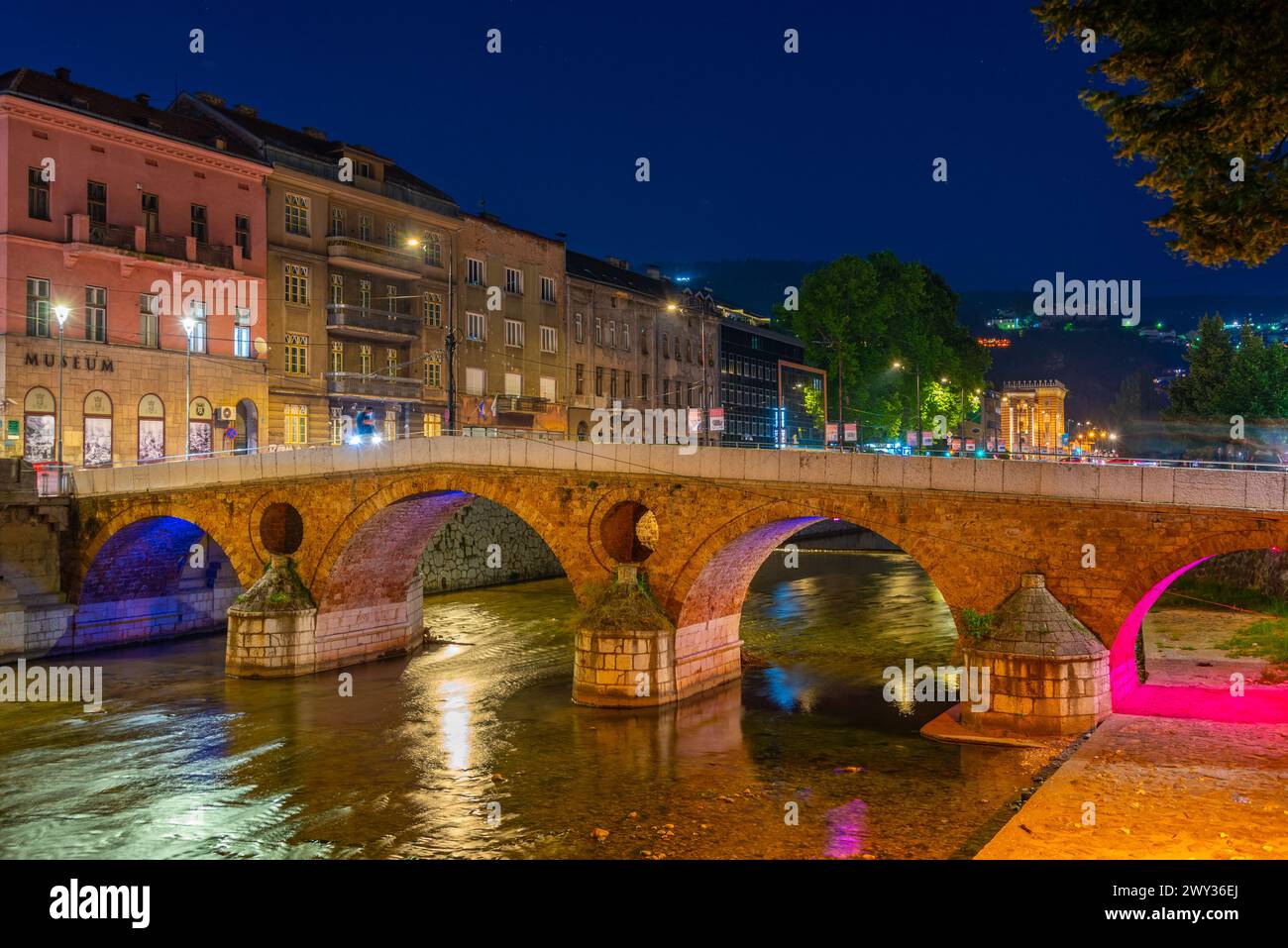 Sunset view of the Latin Bridge in the old town of Sarajevo, Bosnia and ...