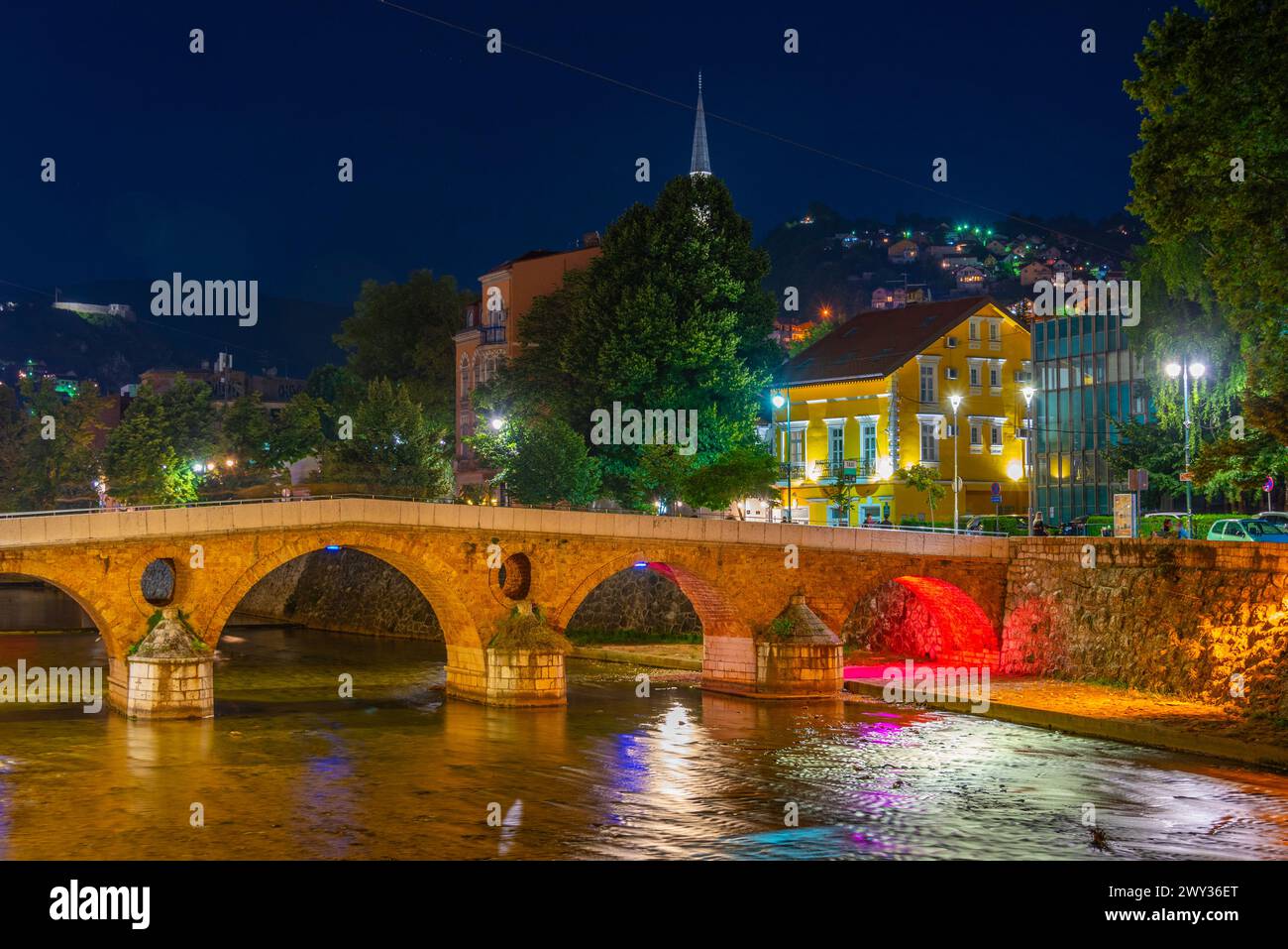 Sunset view of the Latin Bridge in the old town of Sarajevo, Bosnia and ...