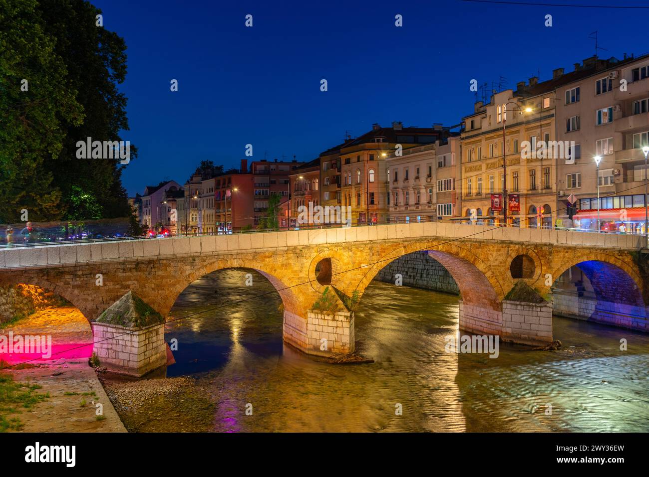 Sunset view of the Latin Bridge in the old town of Sarajevo, Bosnia and ...
