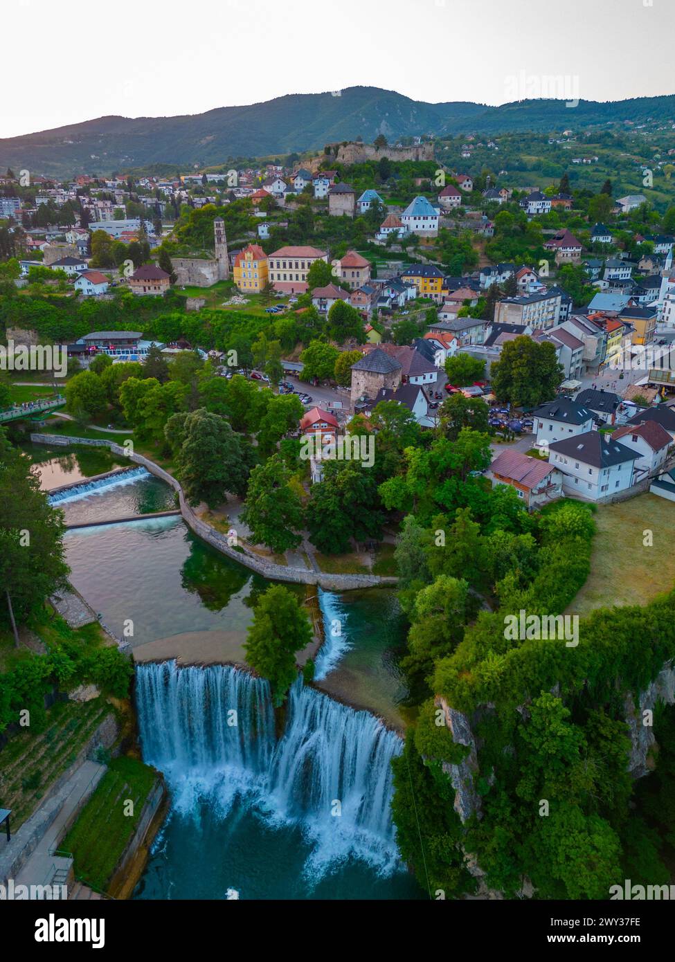 Sunset panorama of Bosnian town Jajce Stock Photo - Alamy