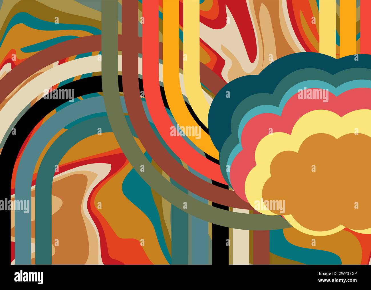 Retro 70s Background. Groovy abstract 1970s art template. Vintage design poster. Old-fashioned ...