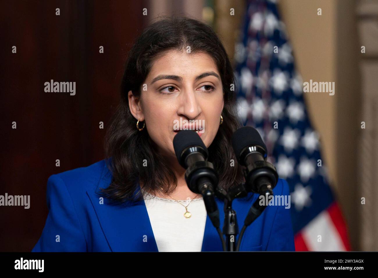 Chair of the Federal Trade Commission Lisa Khan speaks on lowering healthcare costs during an ...