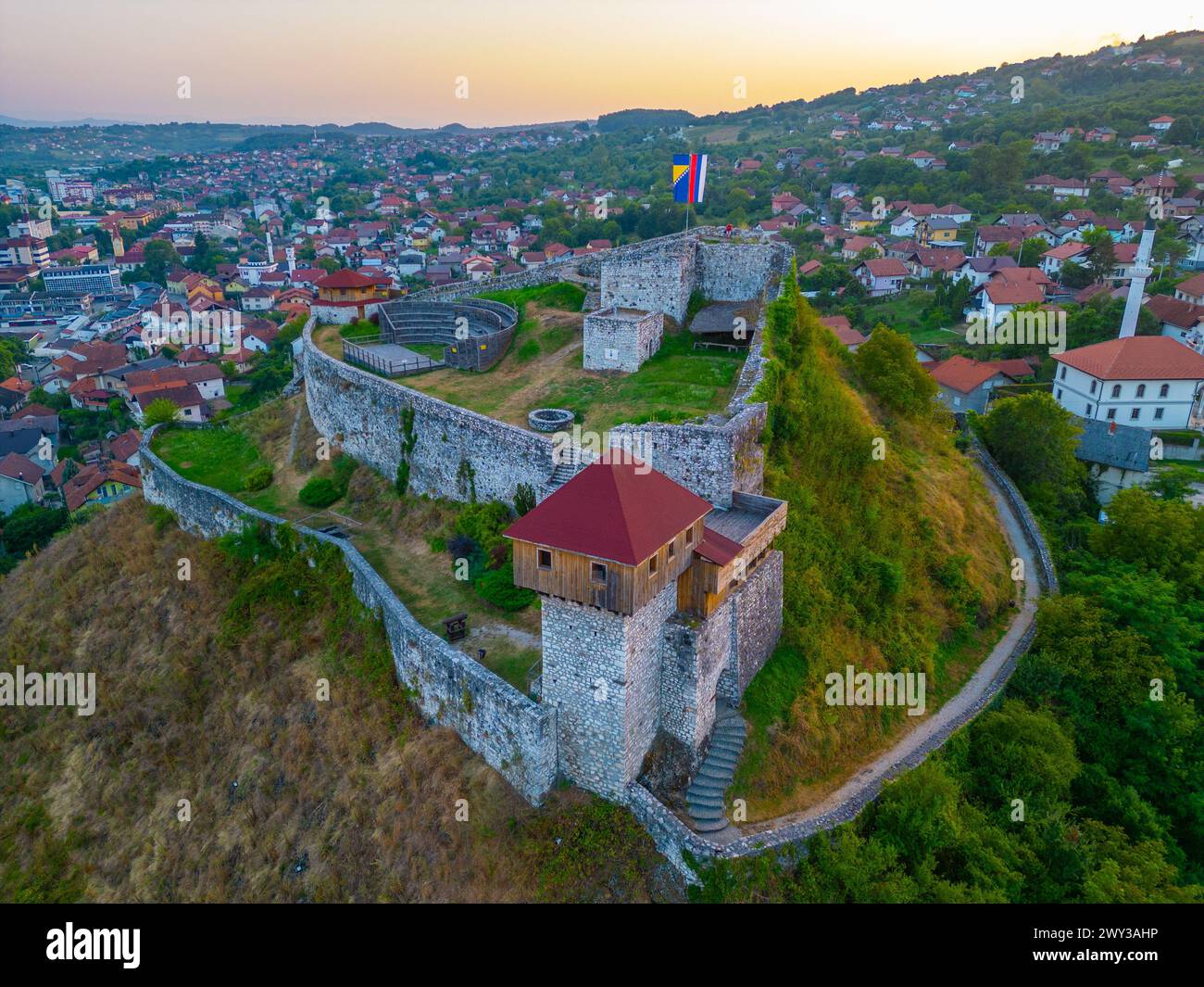 Sunset panorama of Doboj fortress in Bosnia and Herzegovina Stock Photo ...
