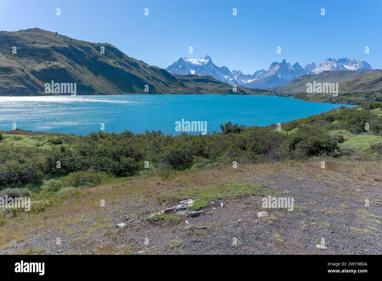 Lago Pehoe, mountain range of the Andes, Torres del Paine National Park ...