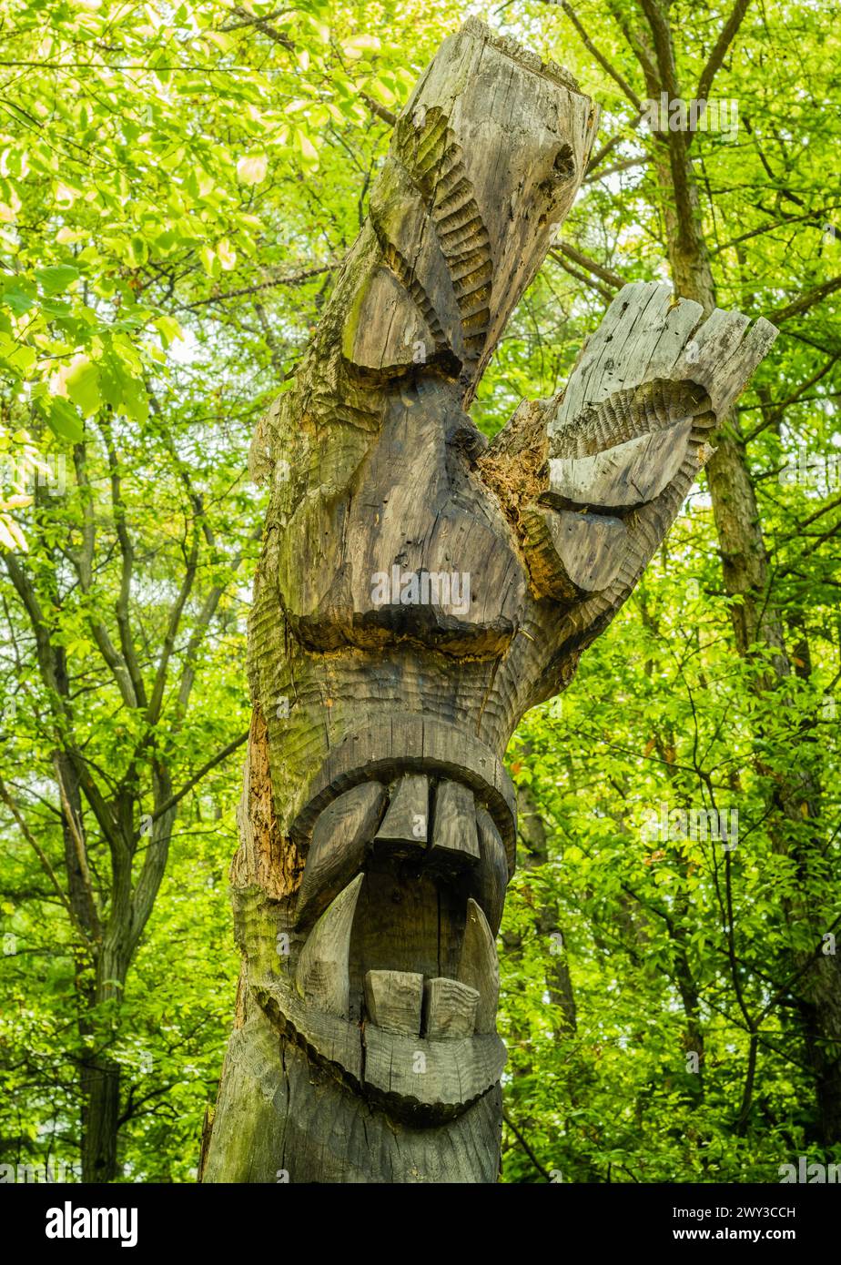 Large carved face of Korean totem pole with pointy teeth with lush ...