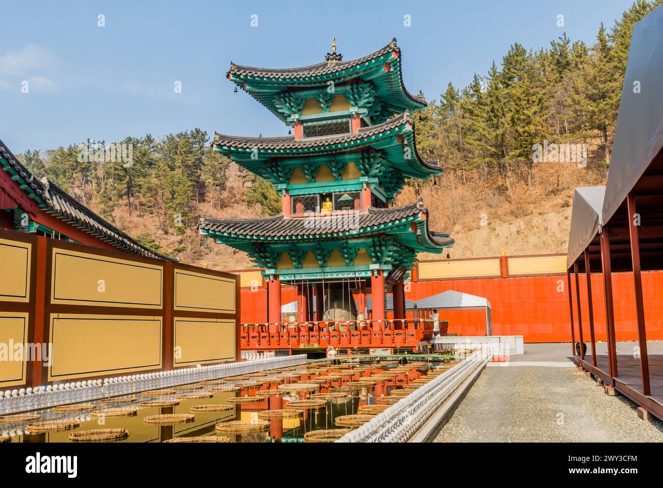Bell tower pavilion on at Manbulsa Buddhist Temple in Yeongcheon, South ...