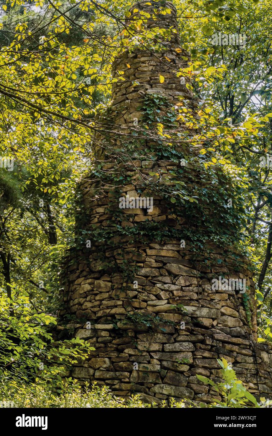 Tower of stacked stones in heavily treed wilderness mountain ...
