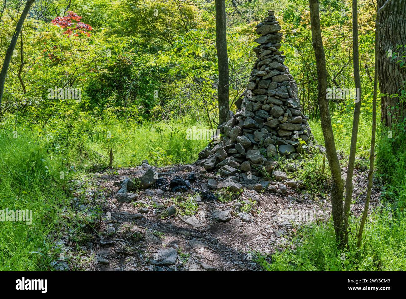 Tall pyramid of stacked rocks and stones in wooded wilderness park in ...