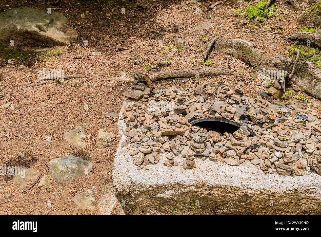 Lots of small pebble stacks on top of boulder in mountain forest park ...