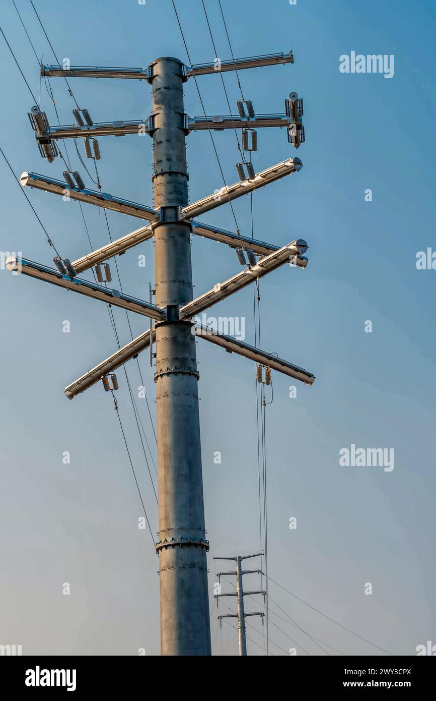 Closeup of large futuristic looking cable transition electrical tower ...