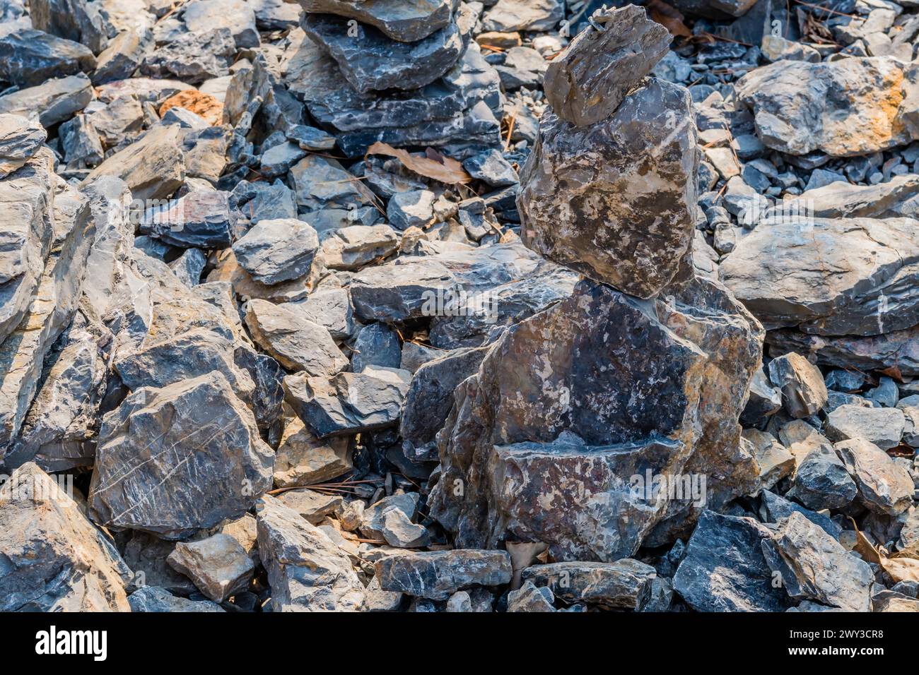 Stack of flat rocks balancing on top of each other among other loose ...