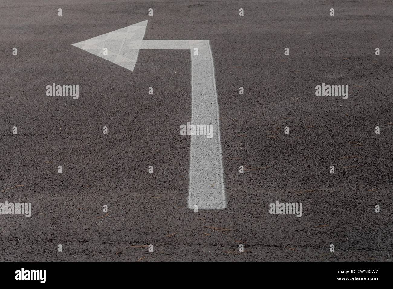 White left turn directional sign painted on black pavement of park in ...