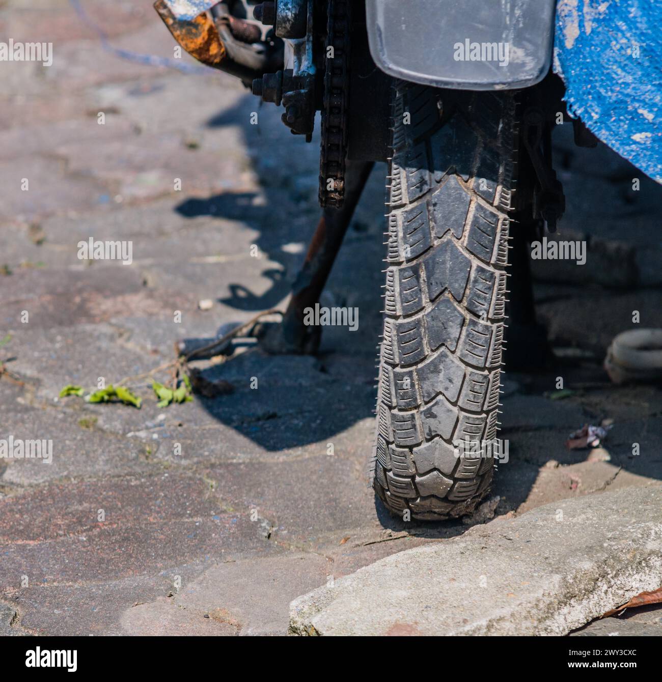 Rear view of small motorcycle tire showing tread pattern in South Korea ...