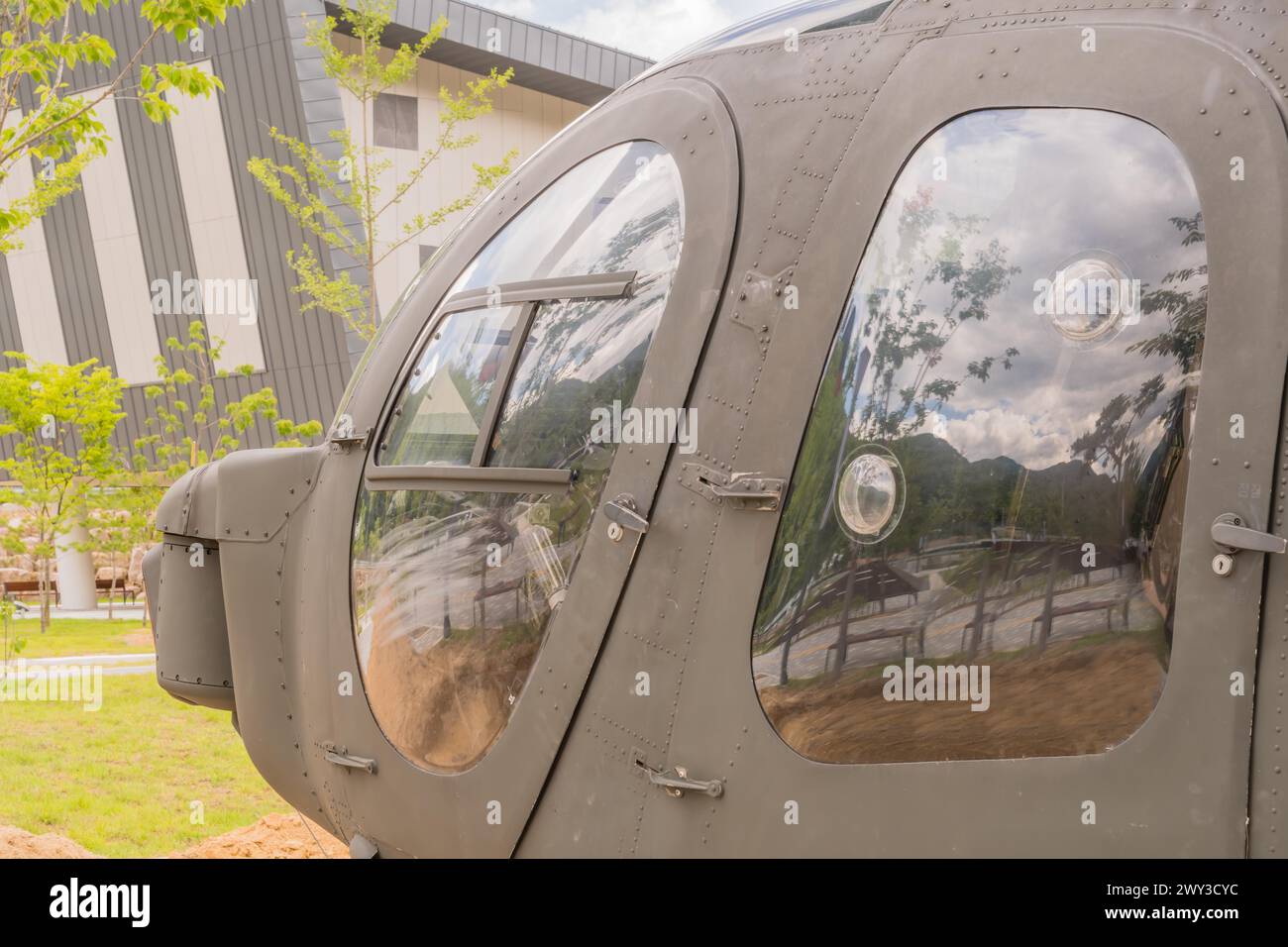 Closeup of left side door and front canopy of army helicopter used in ...
