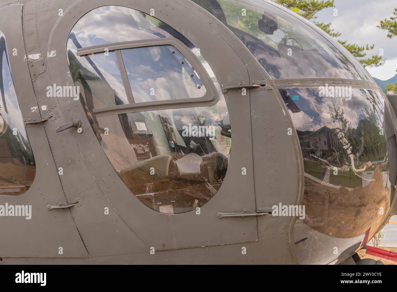 Closeup of right side door and front canopy of army helicopter used in ...