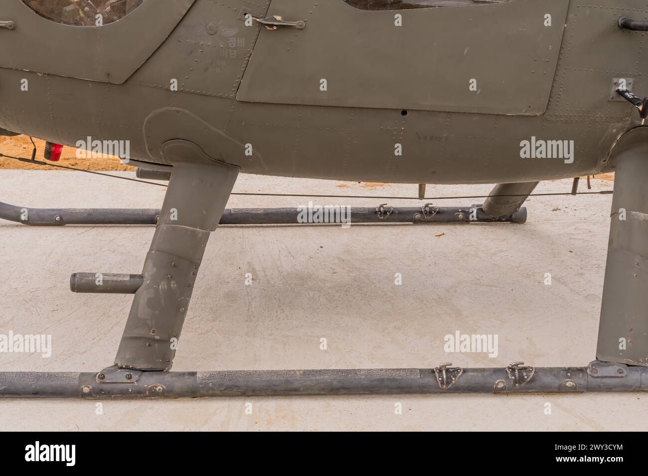 Left view of landing skids on army helicopter used in Korean War on ...