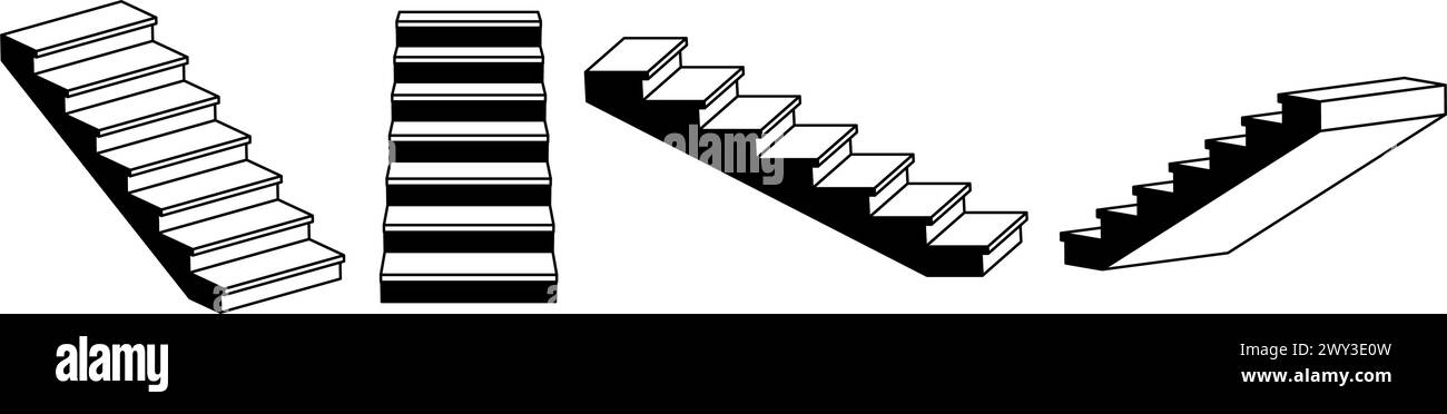 Outline linear stairway set. 3d staircase in different perspective ...
