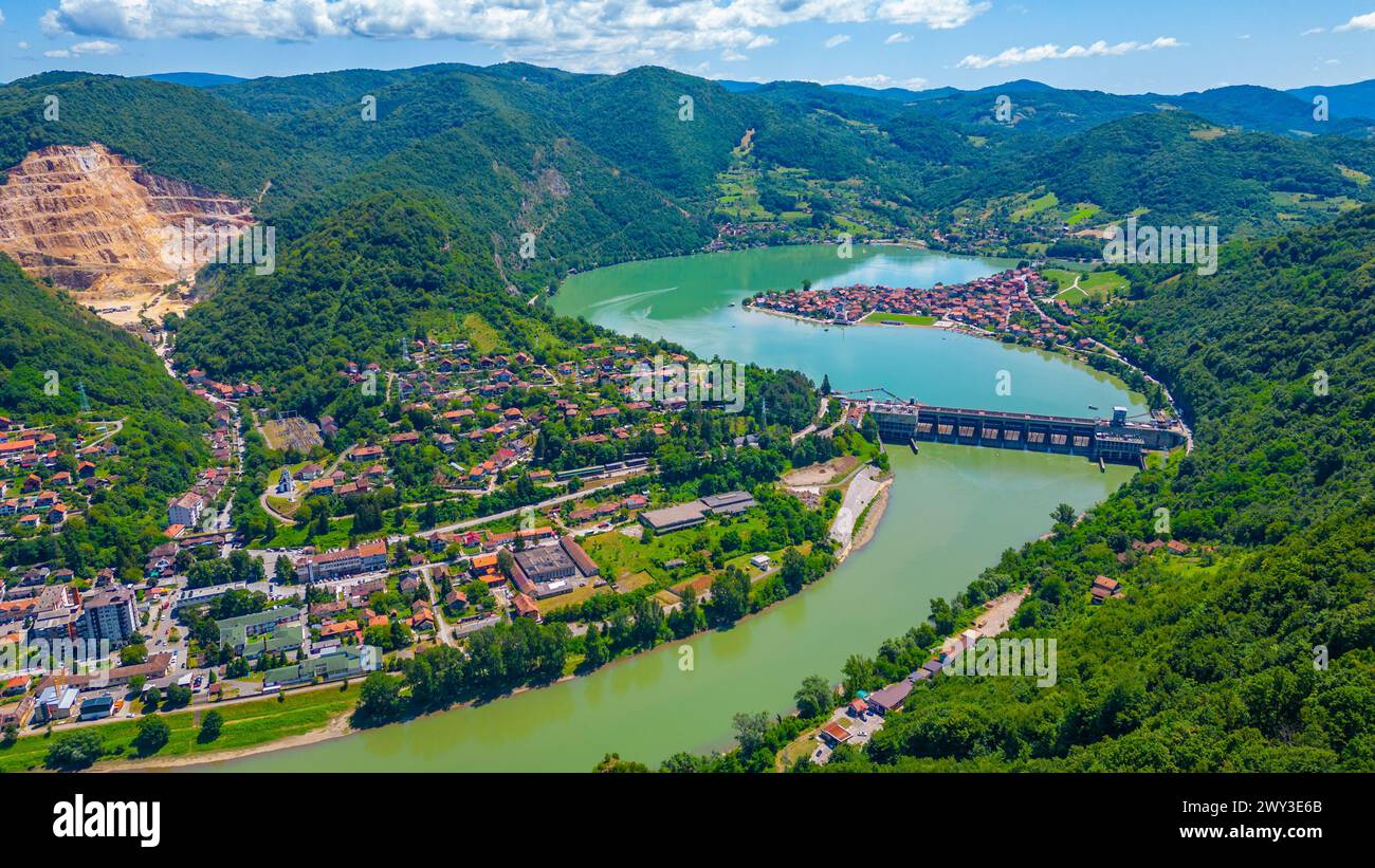 Aerial view of Zvornik hydroelectric power plant between Bosnia and ...