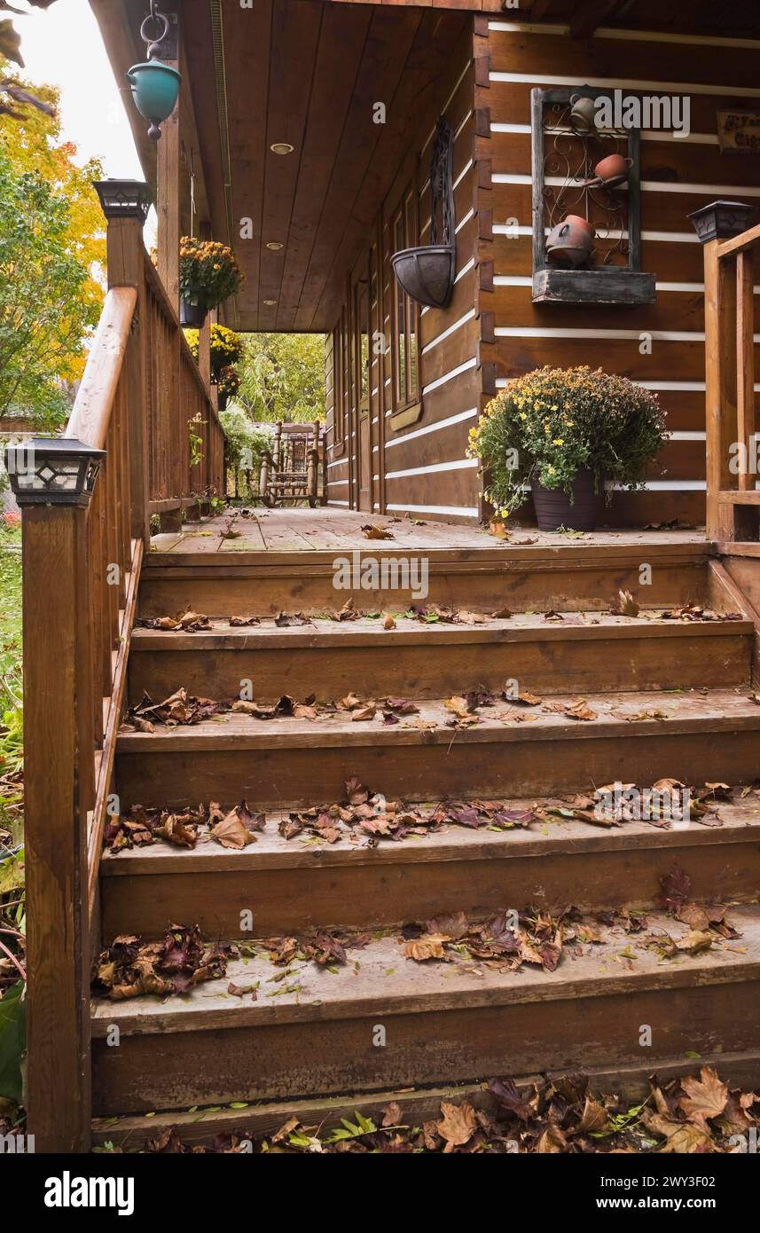 Old brown stained wooden stairs and long veranda with pine wood rocking ...
