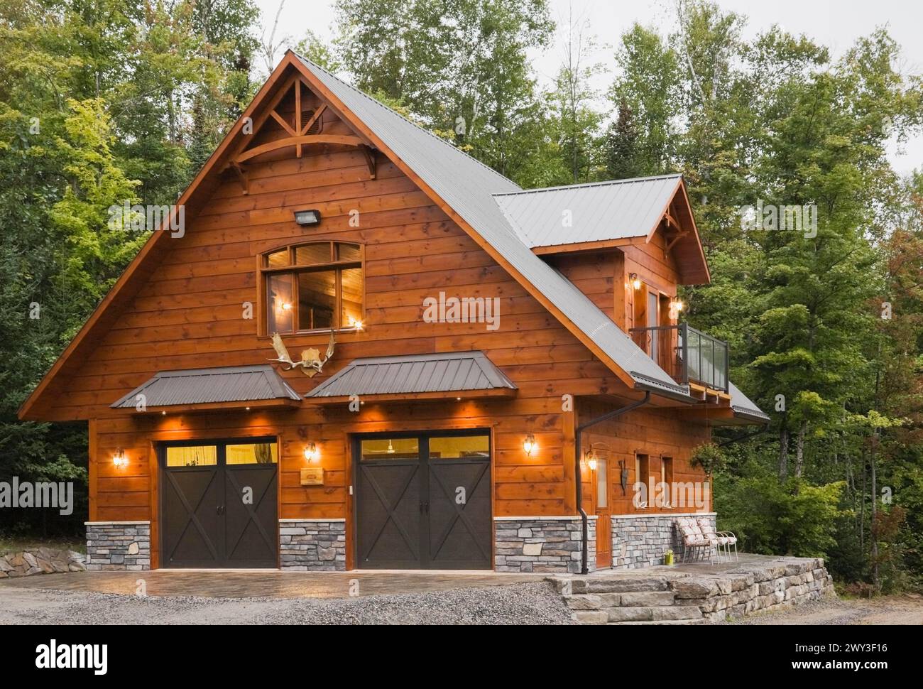 Illuminated milled Eastern white pine knotty wood plank two story flat ...