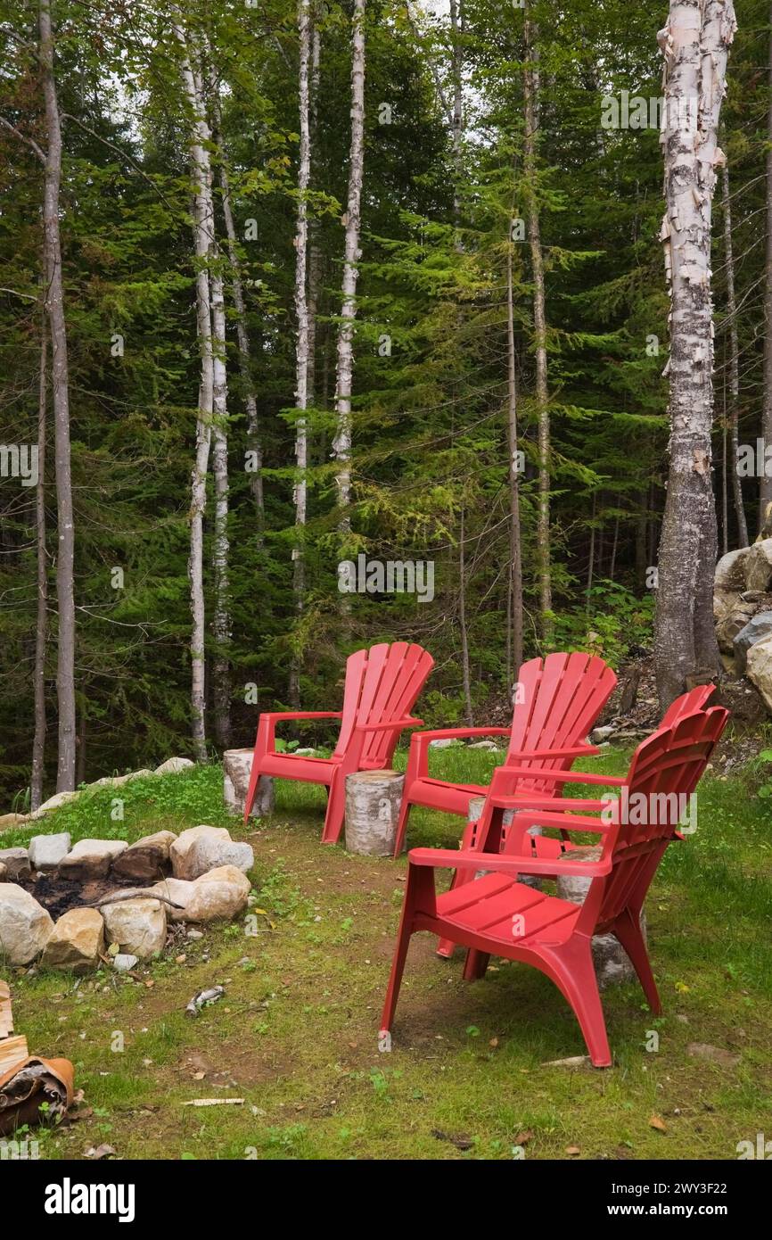 Four bright red plastic Adirondack chairs around rock edged firepit dug into the ground in backyard surrounded by a forest of evergreen and deciduous Stock Photo Alamy
