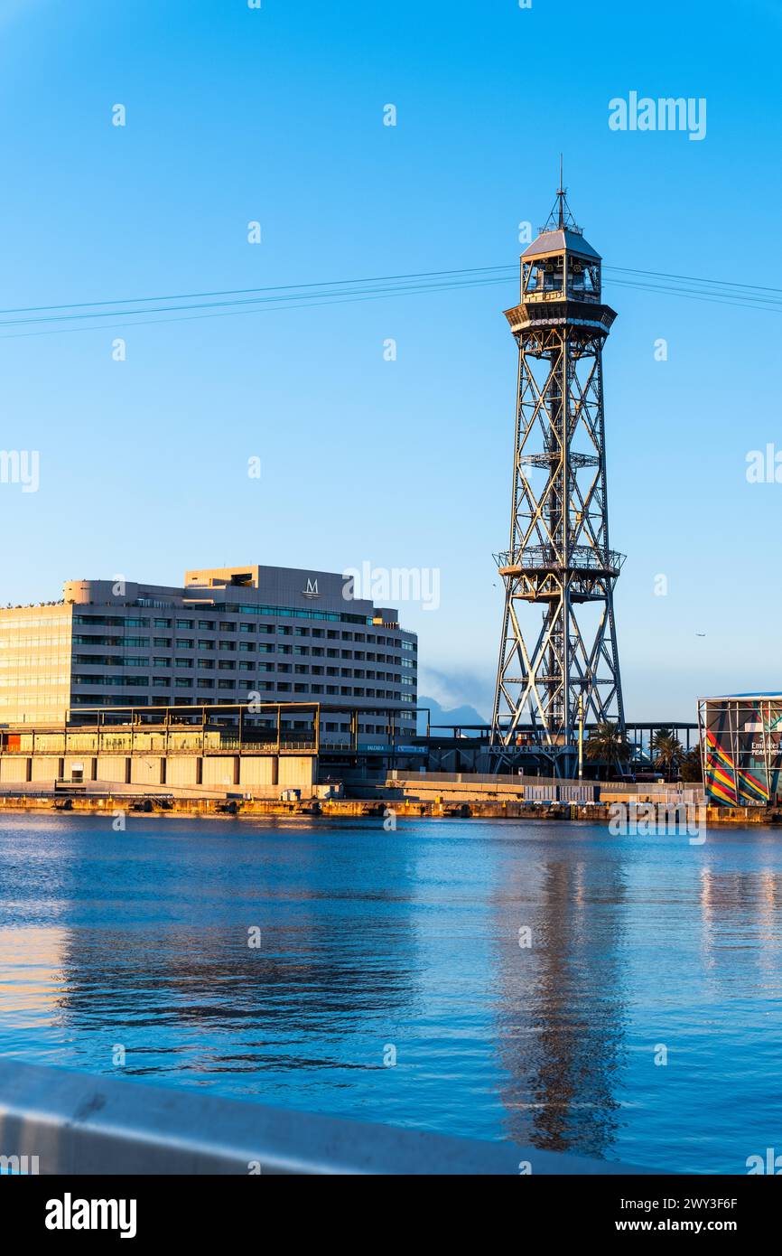 View of the old harbour and the cable car in Barcelona, Spain Stock ...