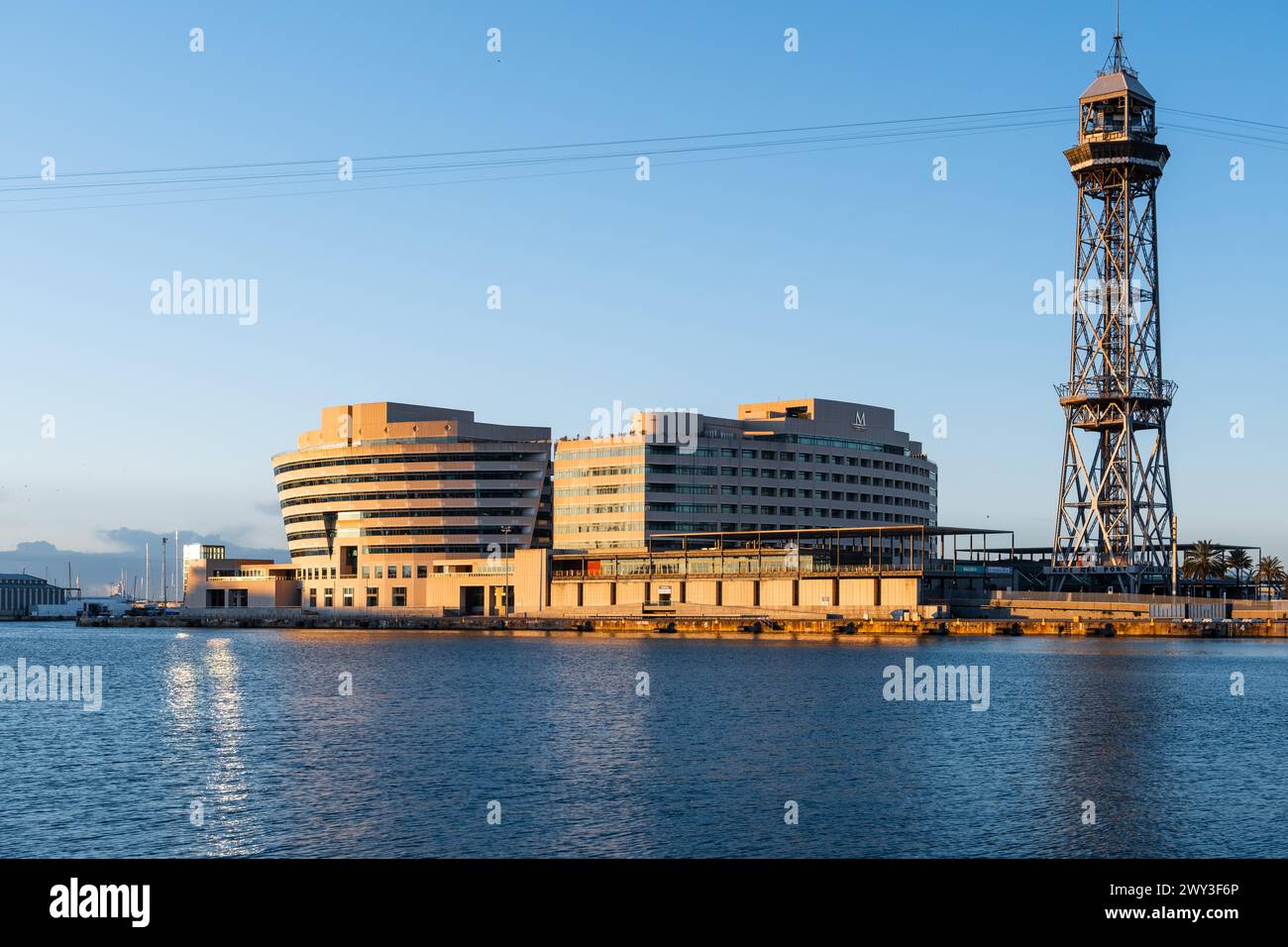 View of the old harbour and the cable car in Barcelona, Spain Stock ...