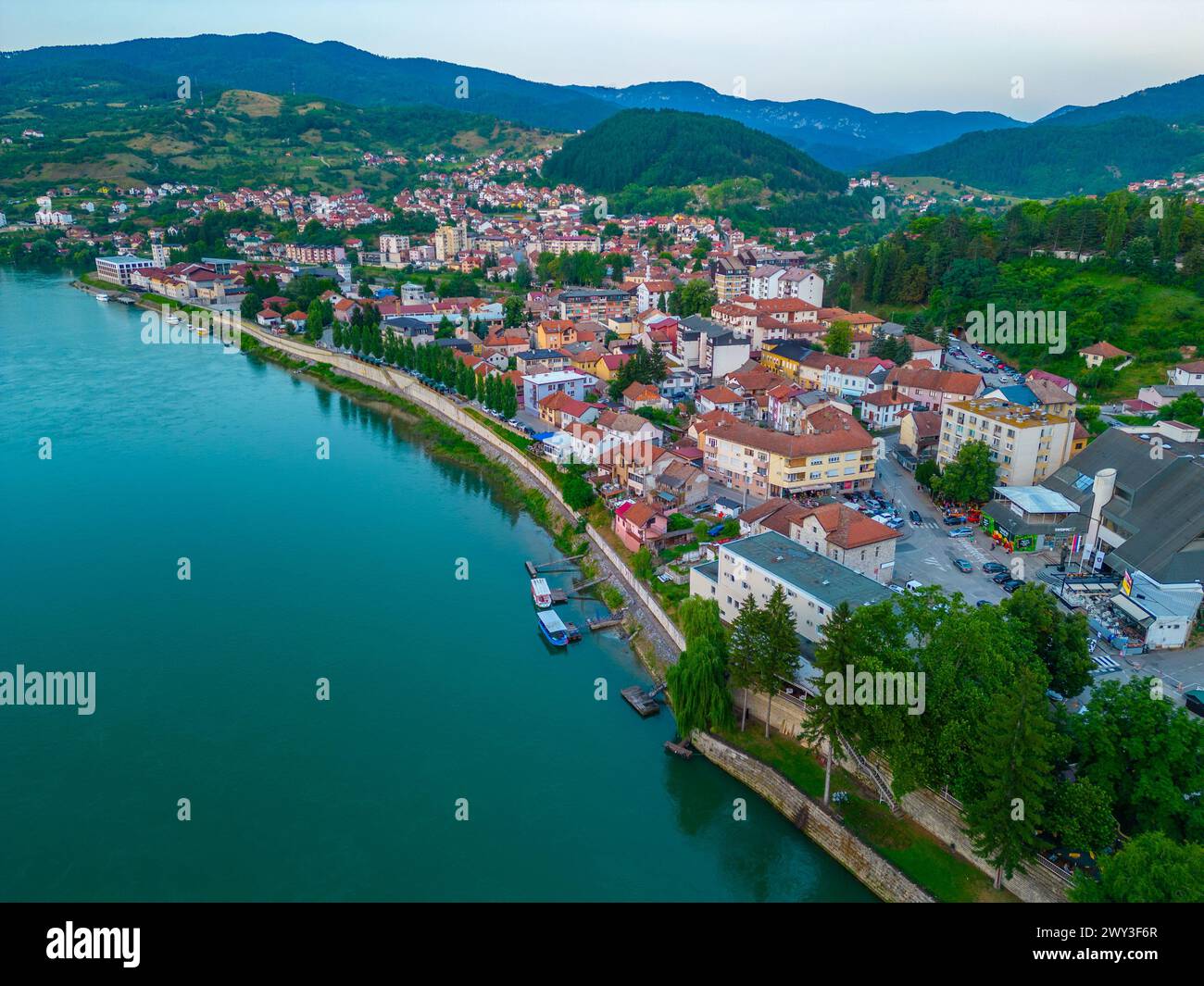 Sunrise panorama view of Bosnian town Visegrad Stock Photo - Alamy