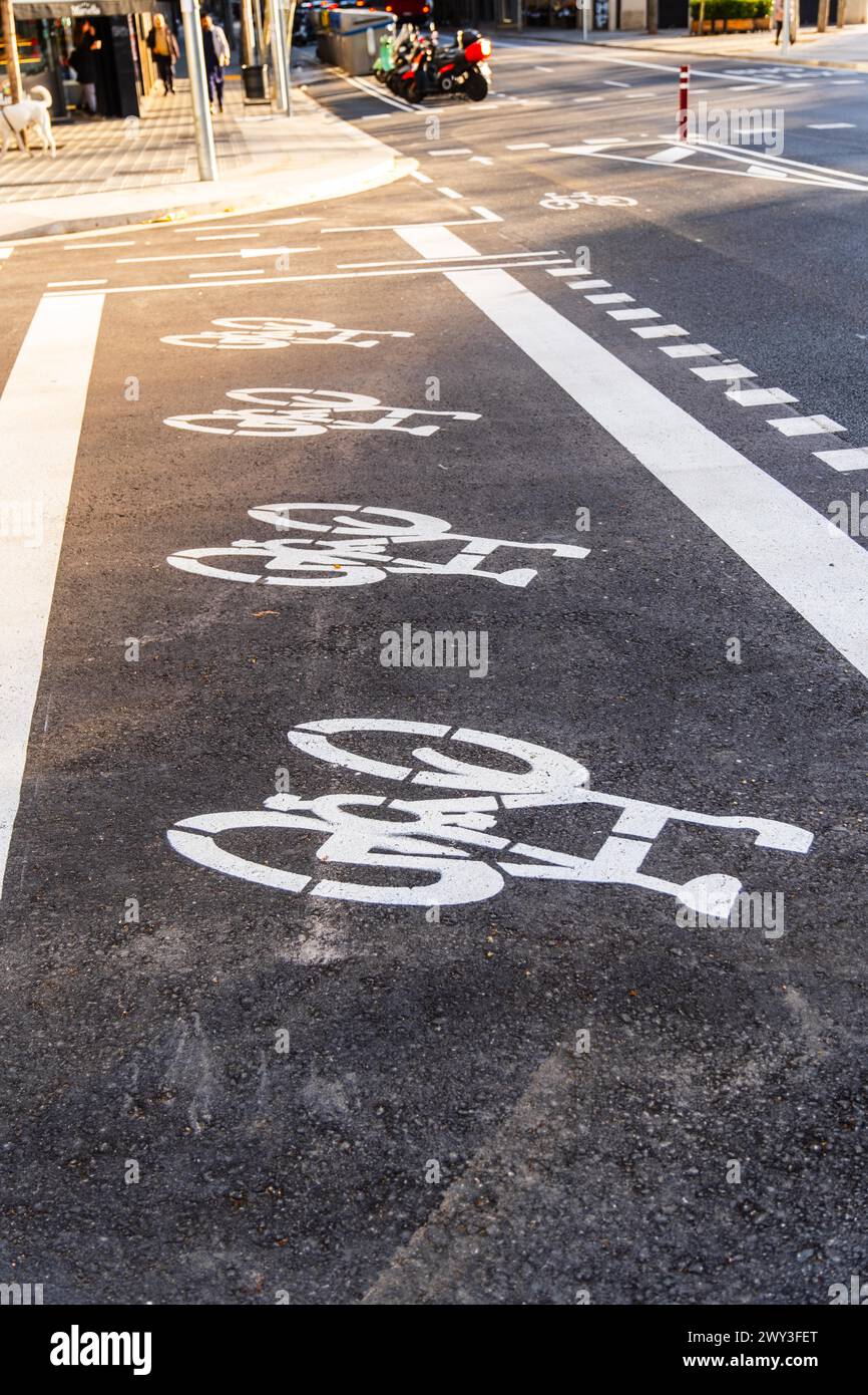 Cycle lane marking and separation from car traffic in Barcelona, Spain ...
