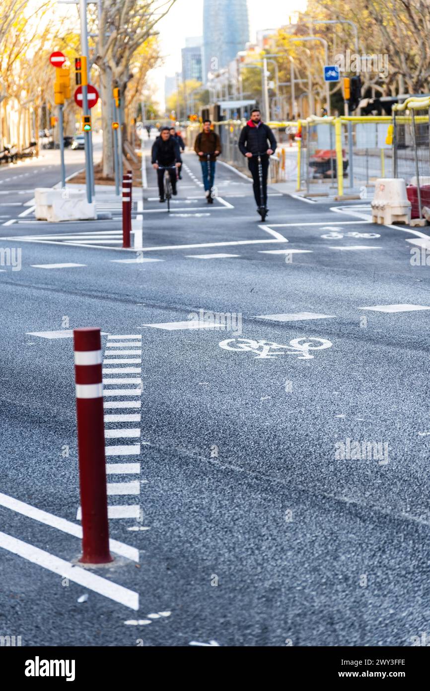 Cycle lane marking and separation from car traffic in Barcelona, Spain ...