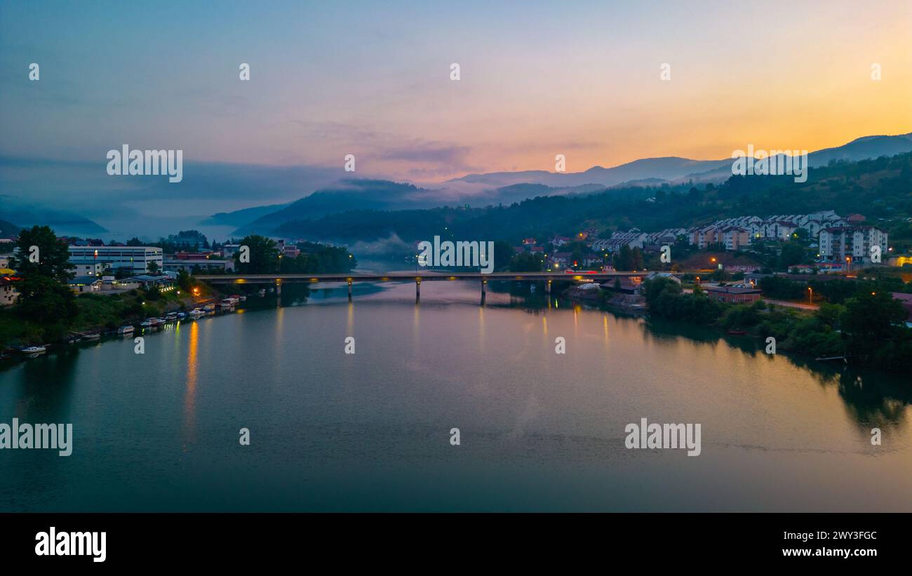 Sunrise panorama view of Bosnian town Visegrad Stock Photo - Alamy