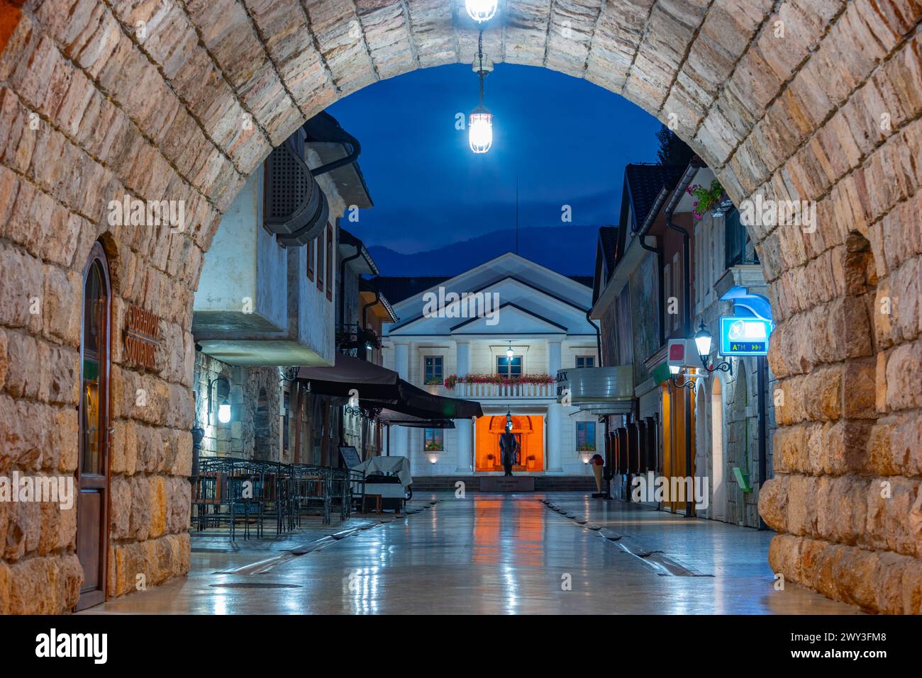 Illuminated street in Andricgrad, Visegrad, Bosnia and Herzegovina ...