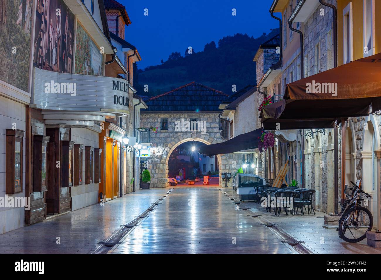 Illuminated street in Andricgrad, Visegrad, Bosnia and Herzegovina ...