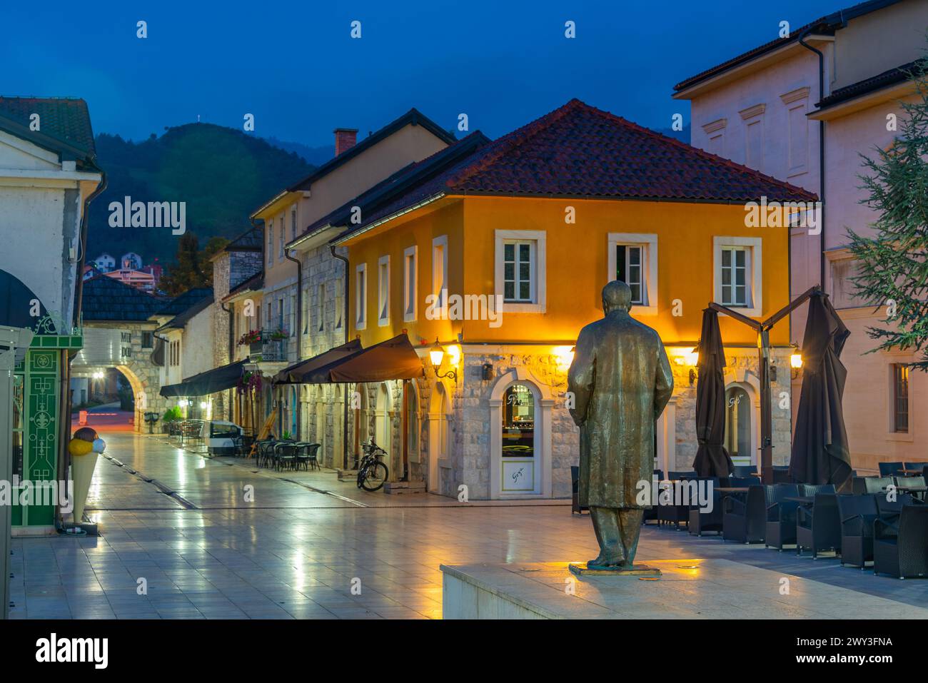 Illuminated street in Andricgrad, Visegrad, Bosnia and Herzegovina ...