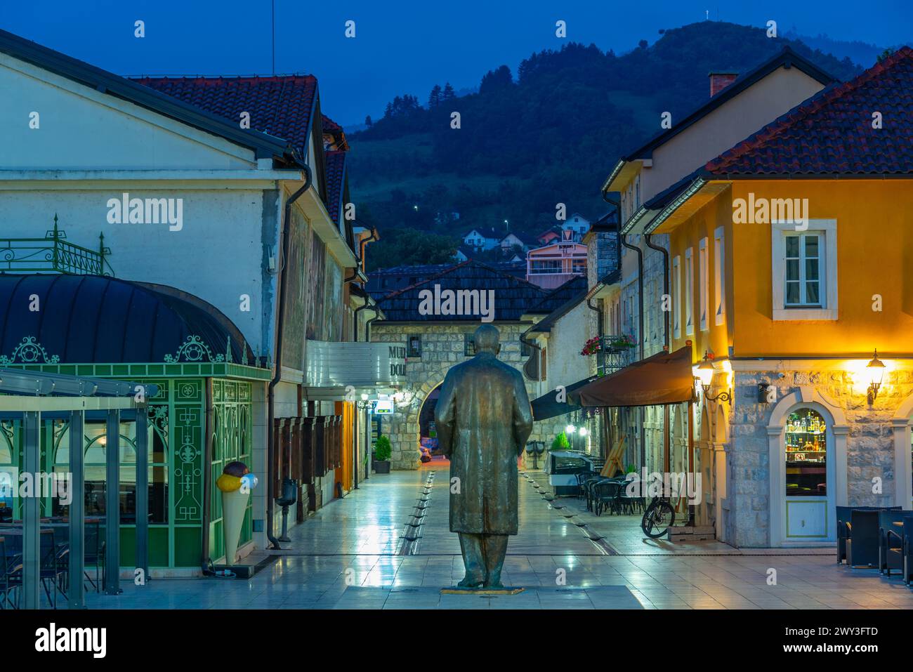 Illuminated street in Andricgrad, Visegrad, Bosnia and Herzegovina ...