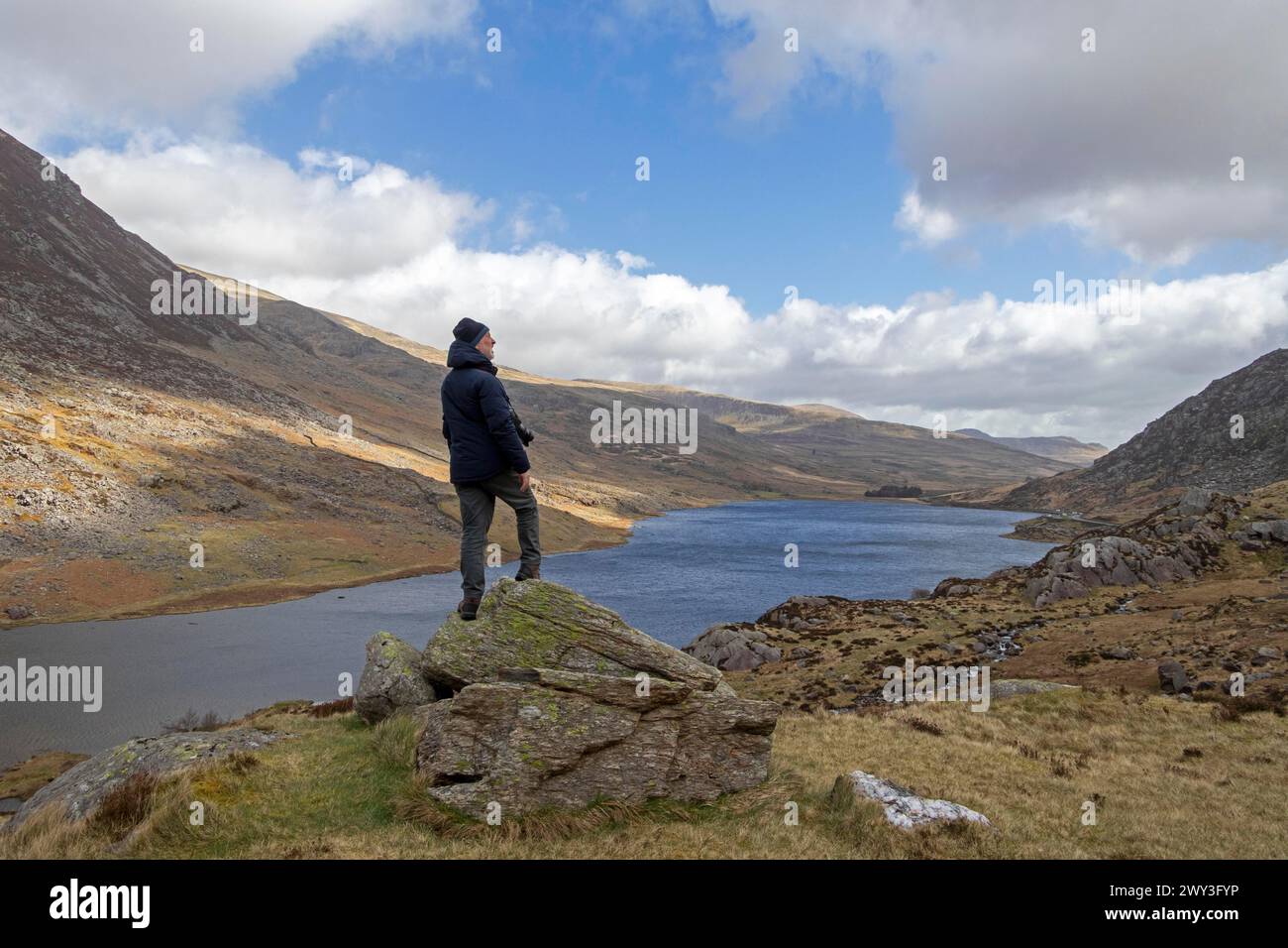 Man standing on stone, Lake Llyn Ogwen, Snowdonia National Park near ...