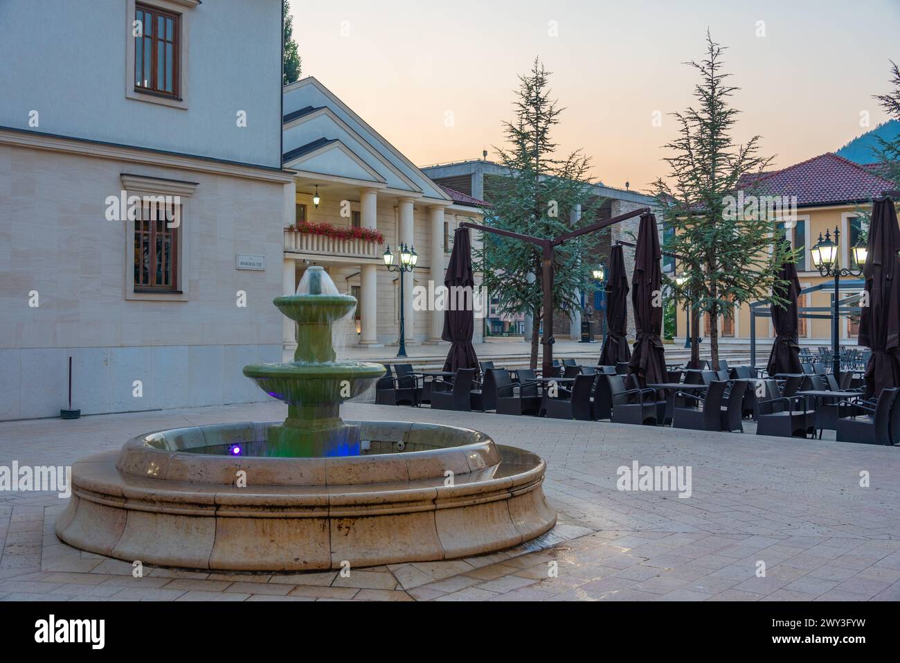 Illuminated street in Andricgrad, Visegrad, Bosnia and Herzegovina ...