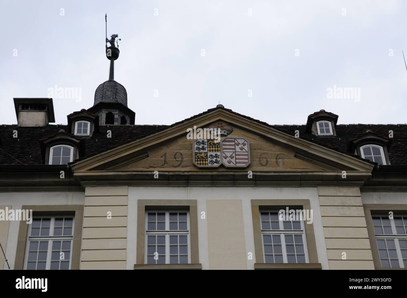 Langenburg Castle, roof of a building with weather vane and the year ...