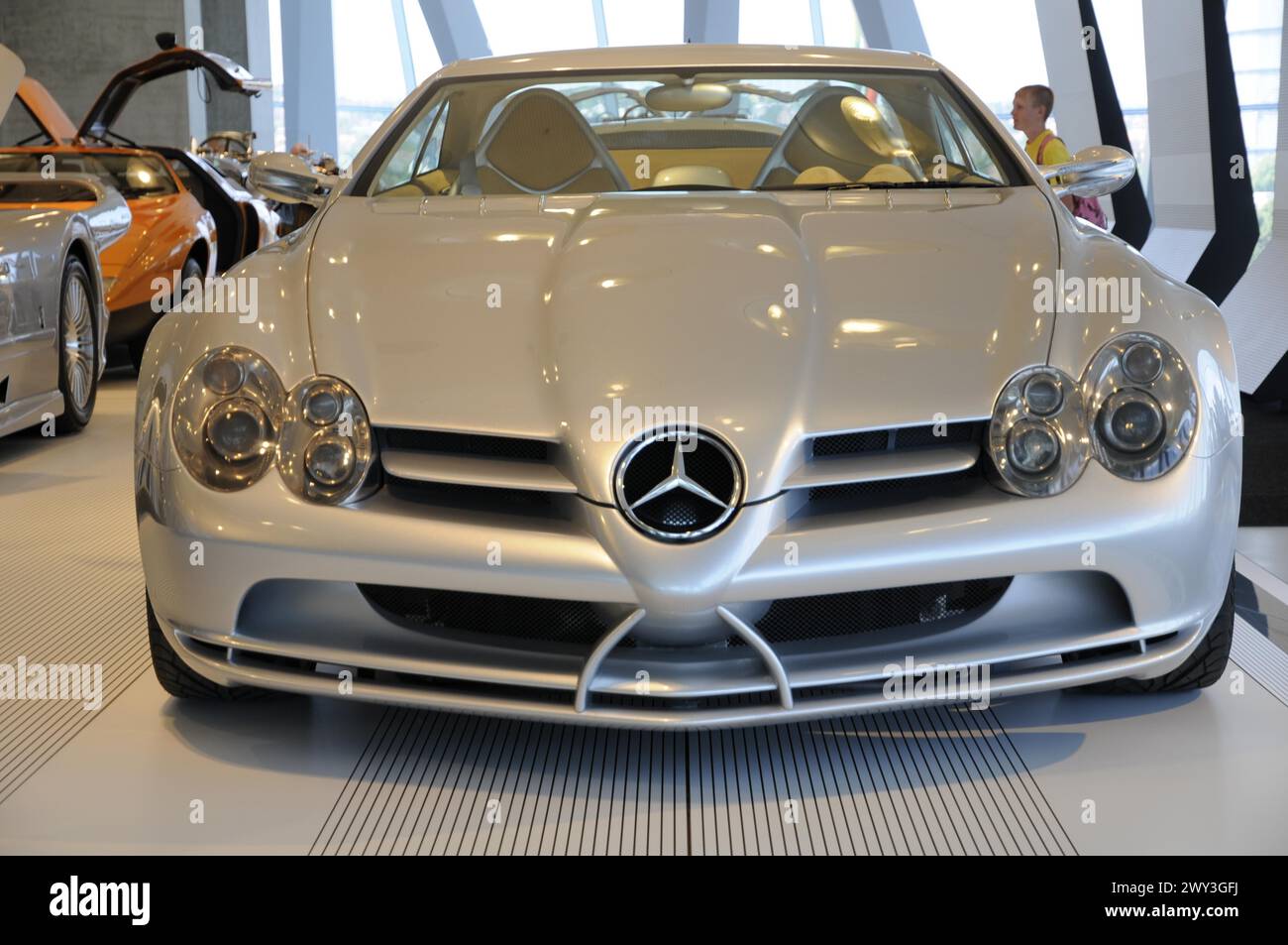 Museum, Mercedes-Benz Museum, Stuttgart, Front view of a silver ...