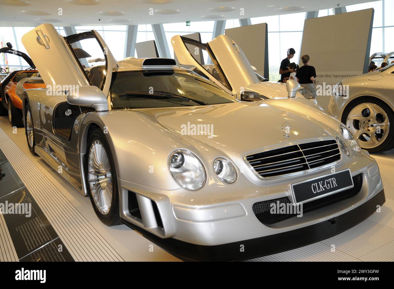 Museum, Mercedes-Benz Museum, Stuttgart, A silver Mercedes-Benz CLK GTR ...