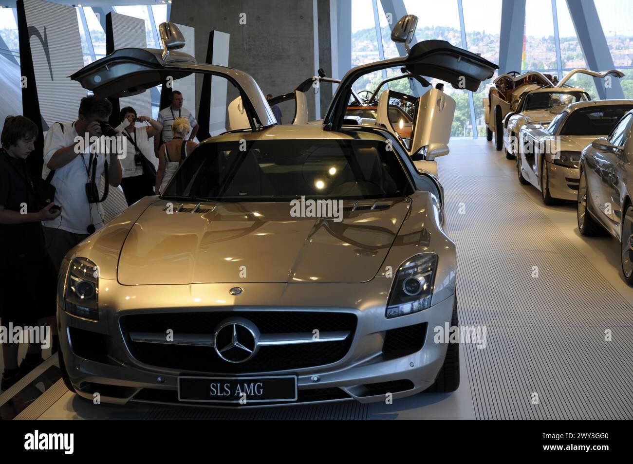 Museum, Mercedes-Benz Museum, Stuttgart, Silver Mercedes SLS AMG sports ...