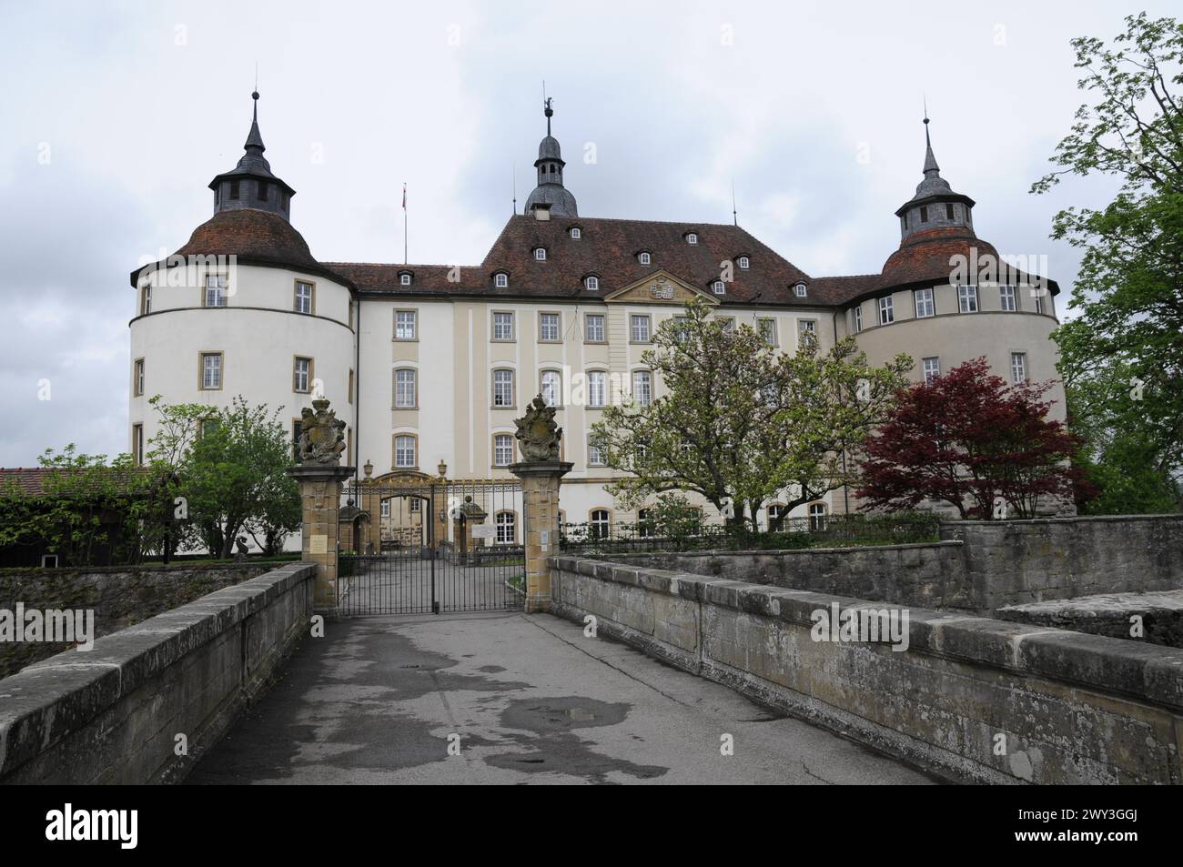 Langenburg Castle, Baroque castle with towers and cloudy sky ...