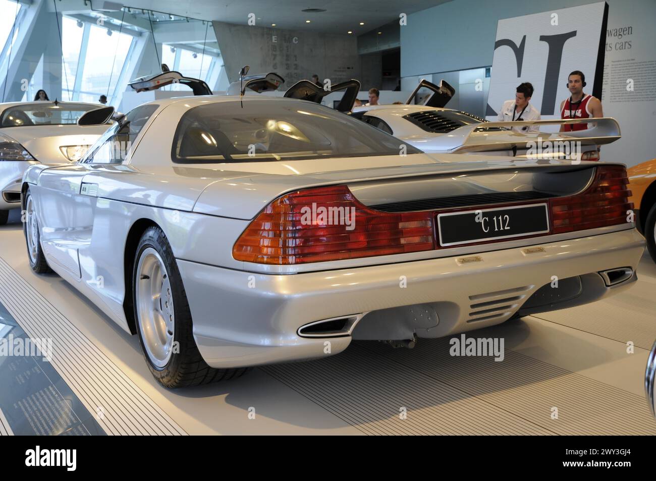 Museum, Mercedes-Benz Museum, Stuttgart, Rear view of a silver Mercedes ...