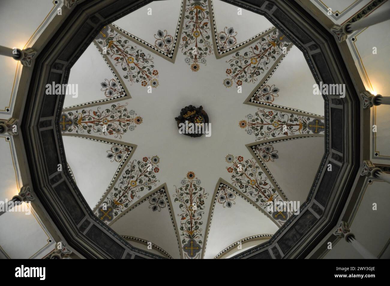 Langenburg Castle, view upwards to an artistically decorated vaulted ...