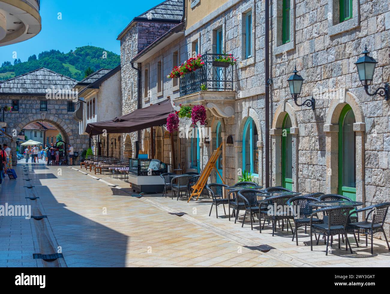 Sunny day on a street in Andricgrad, Visegrad, Bosnia and Herzegovina ...