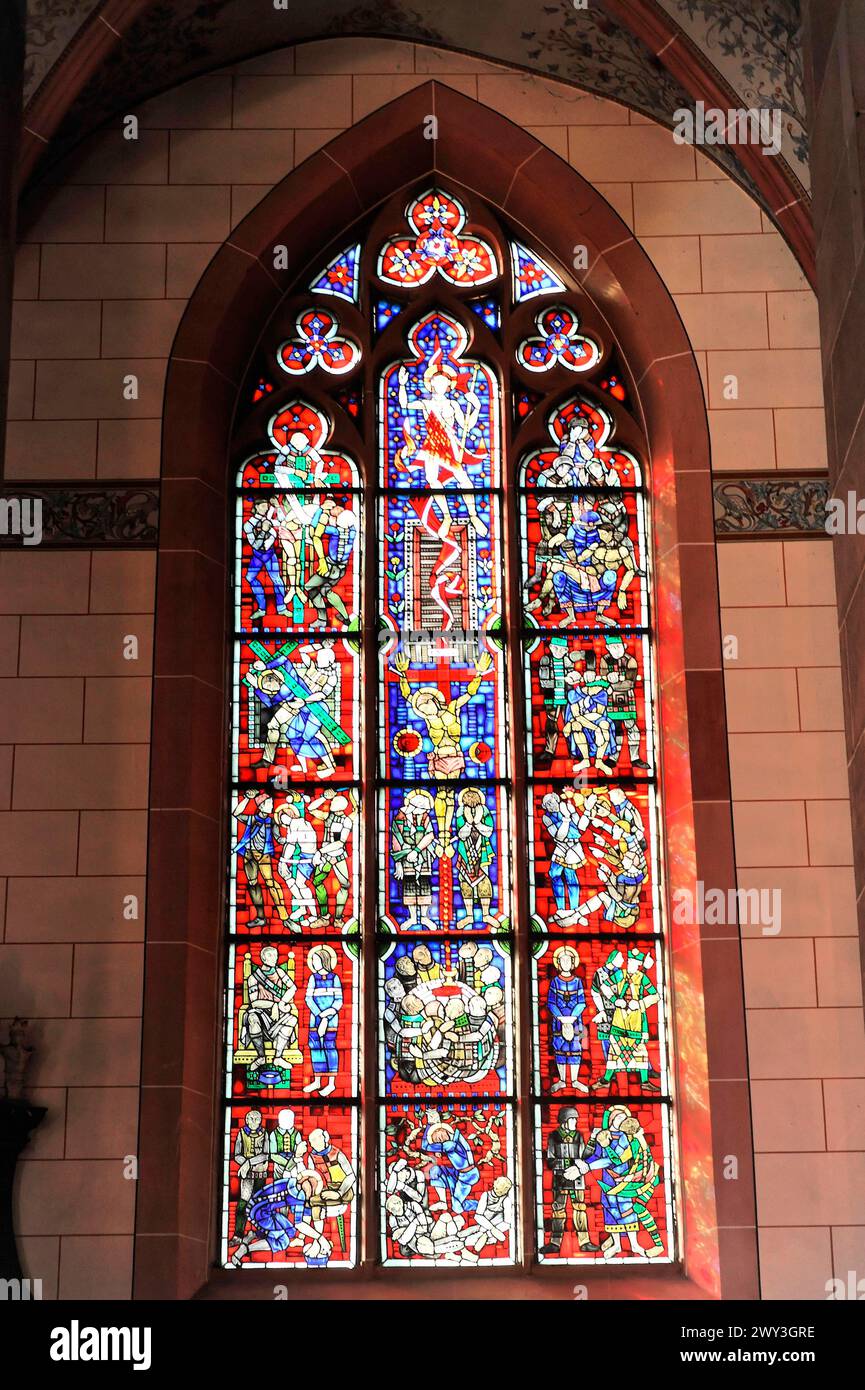 Speyer Cathedral, A detailed stained glass window in red and blue with ...