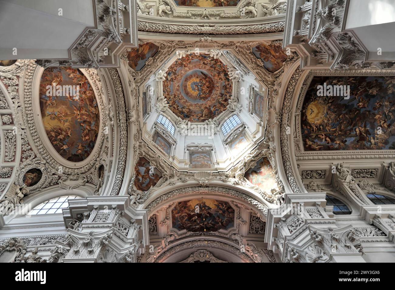 St Stephan Cathedral, Passau, View into the dome of a church with angel ...