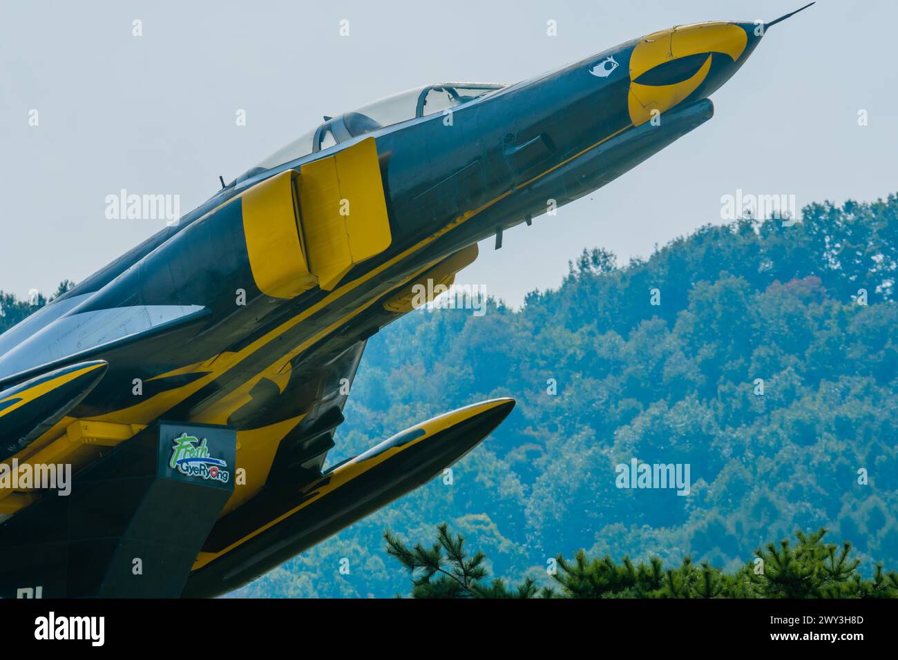 Closeup of cockpit and forward section of military fighter jet pointed ...