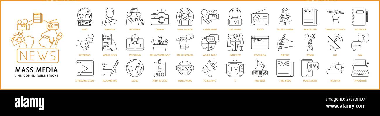 Mass media icons. Line icons about mass media. Mass media icon set. Journalism icons. Vector ...
